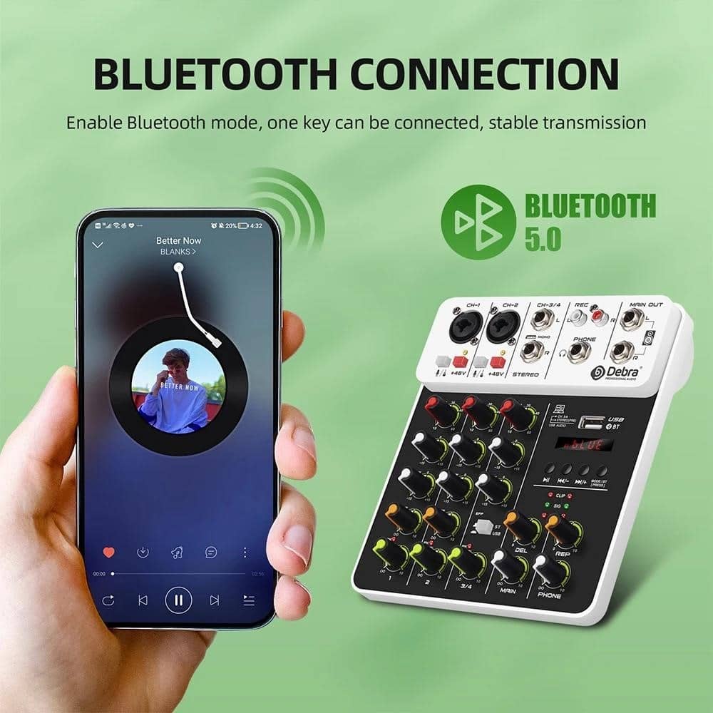 Debra V4 4-kanałowy mikser audio z Bluetooth USB 48V zasilanie Phantom ...